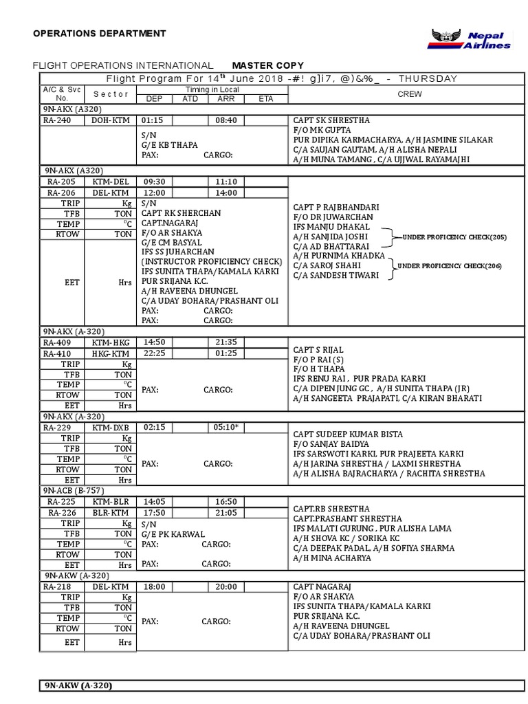 Flight Operations International Master Copy Flight Program For 14 June ...