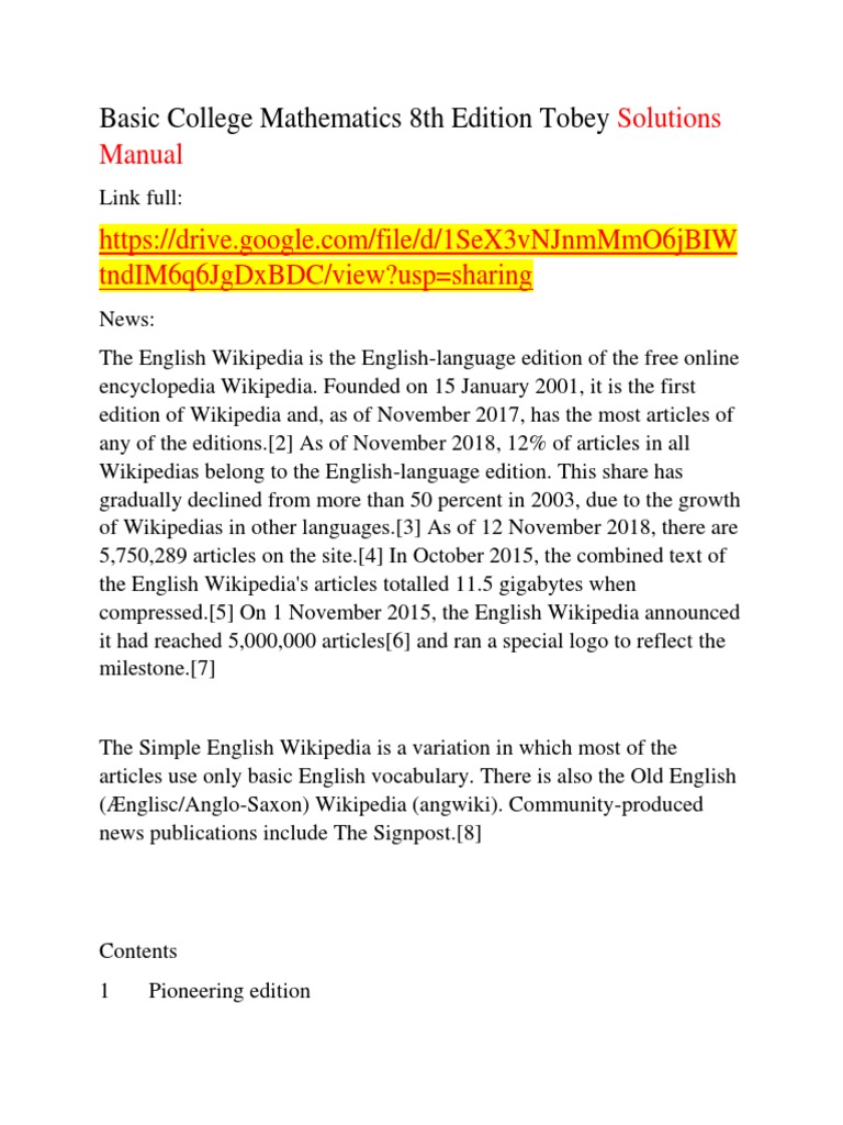 Basic College Mathematics 8th Edition Tobey Solutions Manual | PDF ...