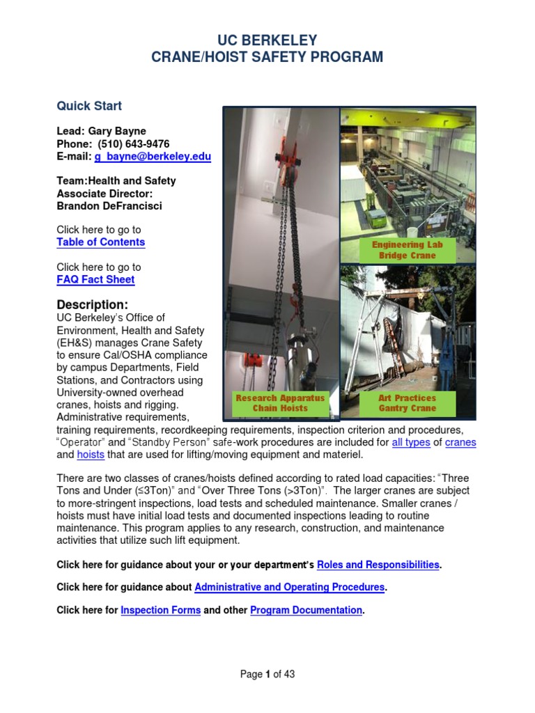 Uc Berkeley Crane/Hoist Safety Program: Quick Start | PDF | Crane ...