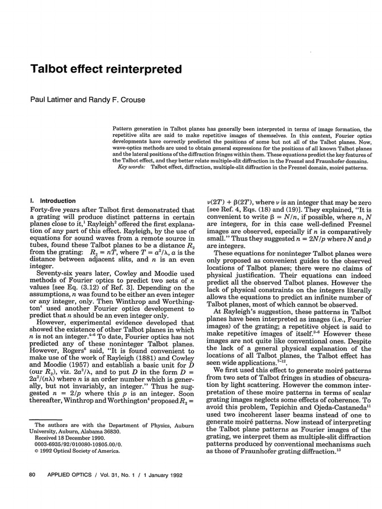 Talbot Effect Reinterpreted: Paul Latimer and Randy F. Crouse | PDF ...