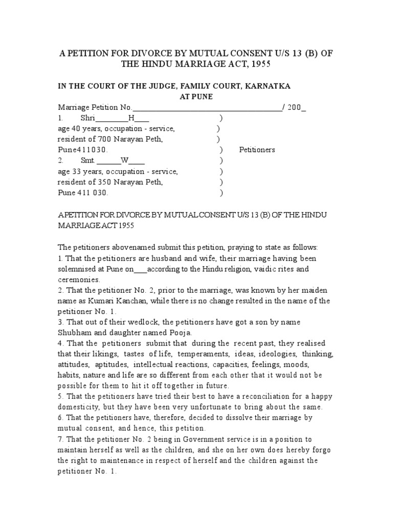 A Petition for Divorce by Mutual Consent Us 13 (b) of the Hindu ...