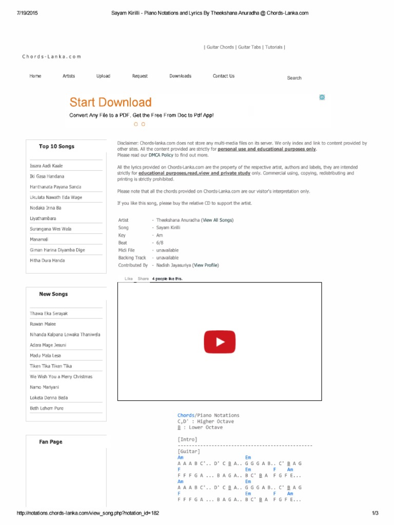 Sayam Kirilli - Piano No... Adha at Chords-Lanka | PDF