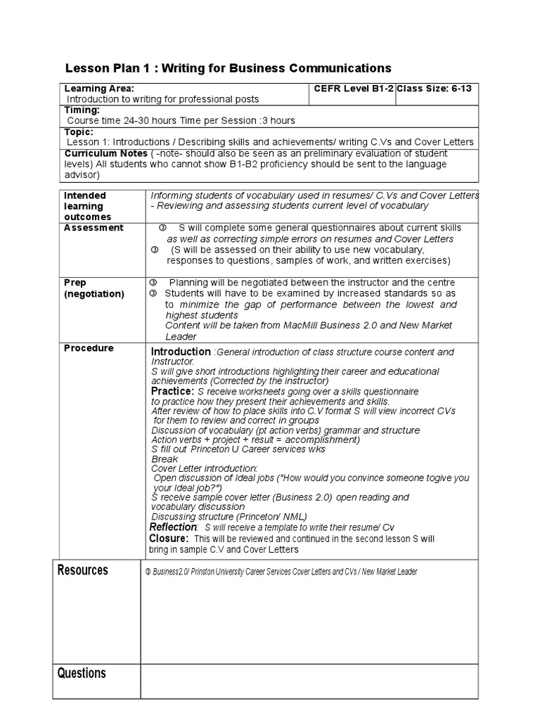 Business Writing Lesson Plan B1-B2 | PDF | Lesson Plan | Quality Of Life