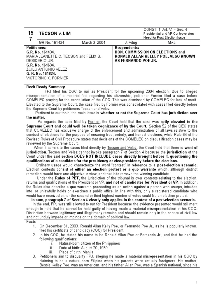 Tecson v. Lim (Pamatmat) | PDF | Supreme Courts | Supreme Court Of The ...