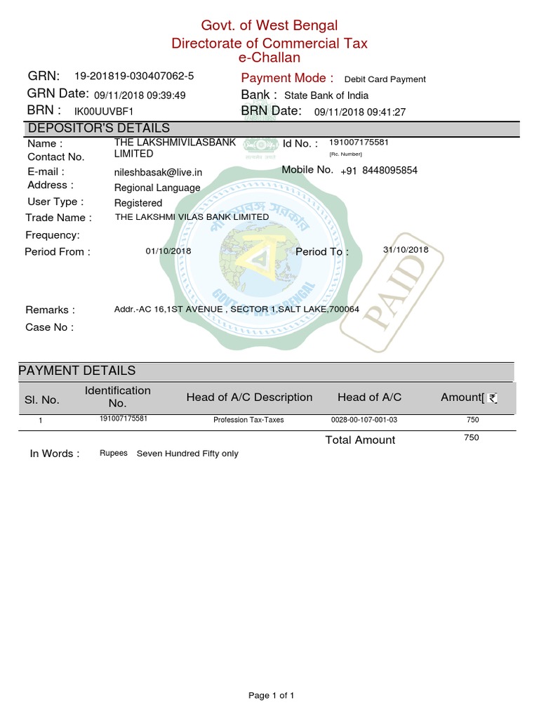 Govt. of West Bengal E-Challan Directorate of Commercial Tax | PDF