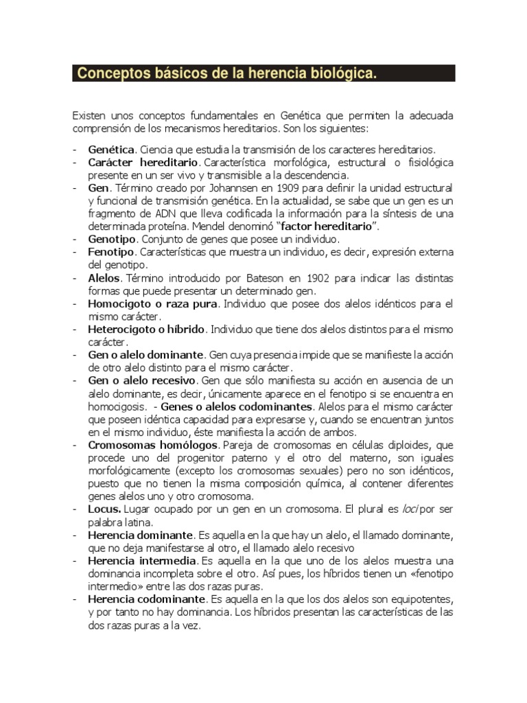 Conceptos Básicos de La Herencia Biológica | PDF | Dominancia (Genética) | Gene
