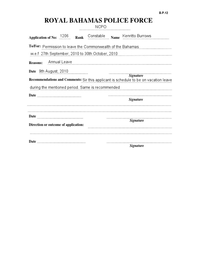 Royal Bahamas Police Force: Ncpo 1206 Constable Kenritto Burrows | PDF
