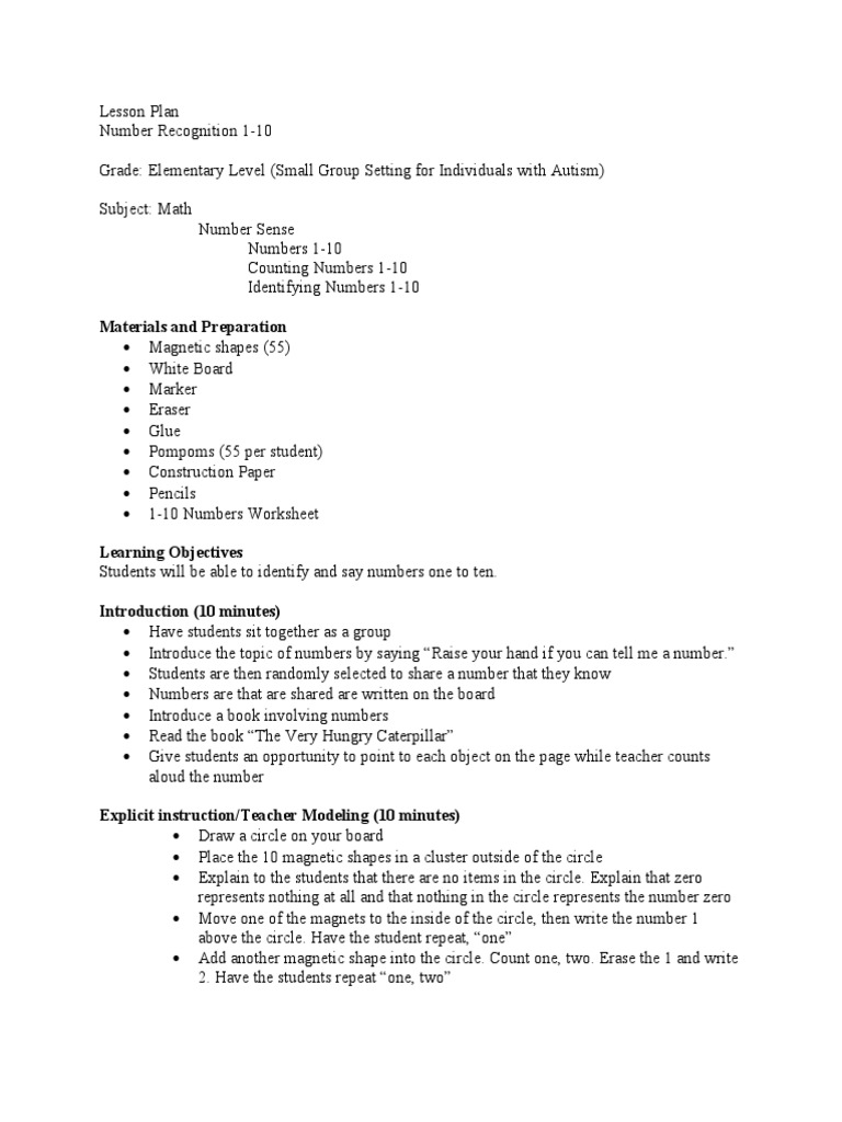 Lesson Plan Number Recognition 1-10 | PDF | Lesson Plan | Education Theory