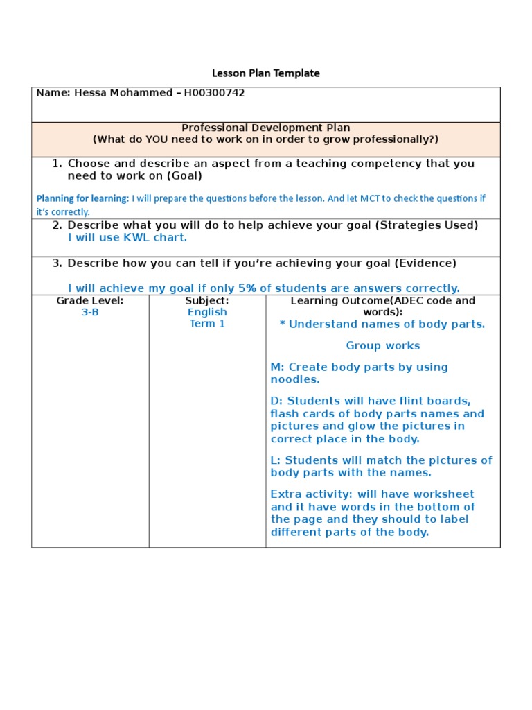 English Lesson Plan Body Parts | PDF | Lesson Plan | Teachers