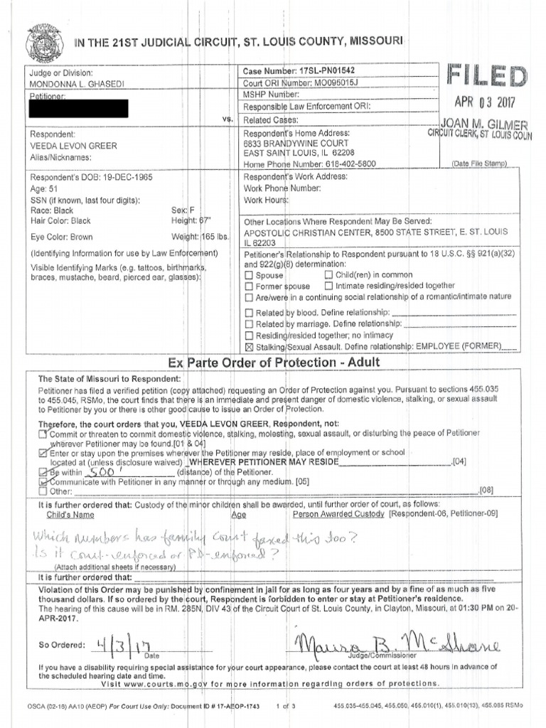 VG OOP Redacted | PDF | Restraining Order | Ex Parte