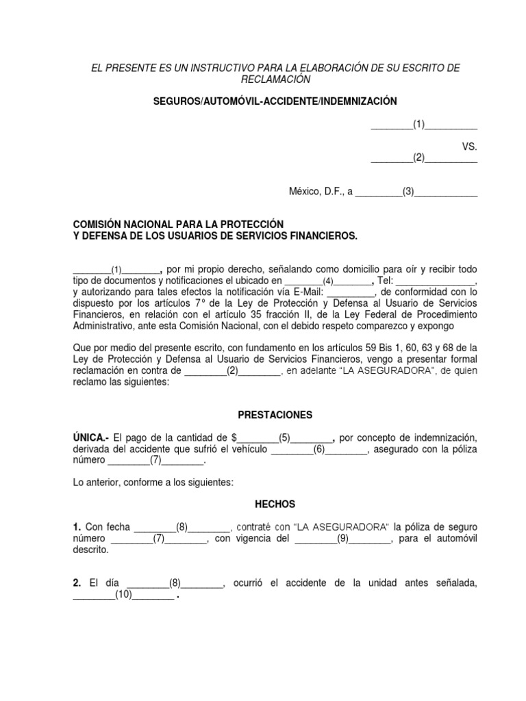 Formato Reclamacion CONDUSEF Seguros Daños Autof - Seg - Auto - Indem ...