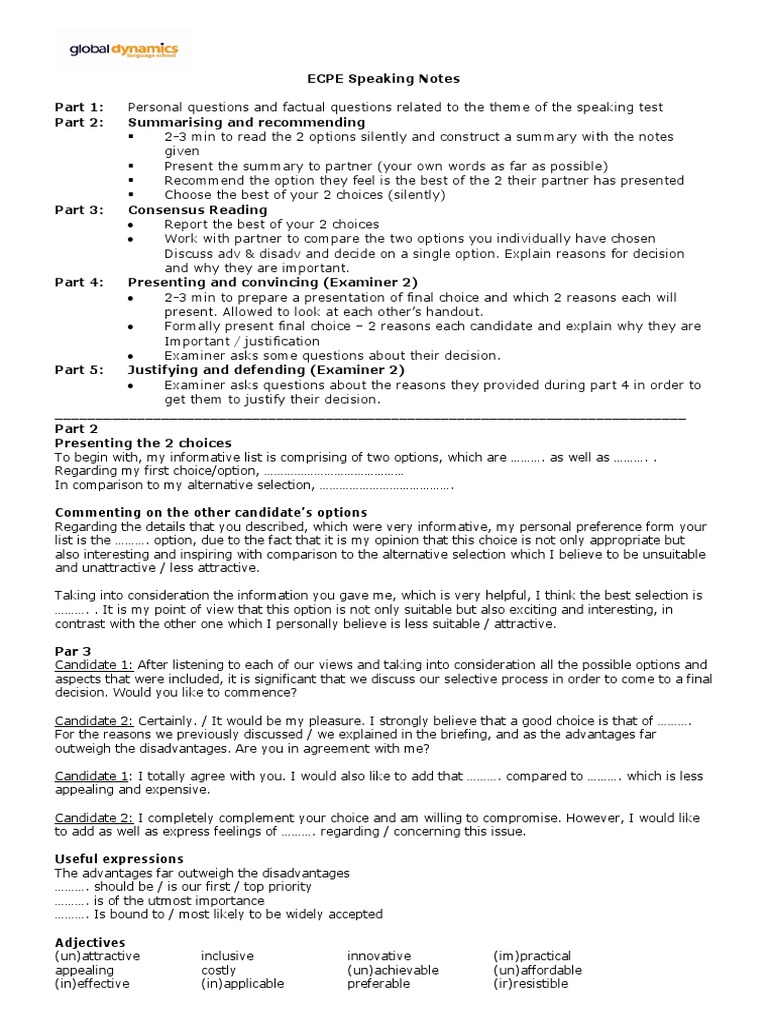 Ecpe Speaking Notes | PDF | Test (Assessment) | Reason