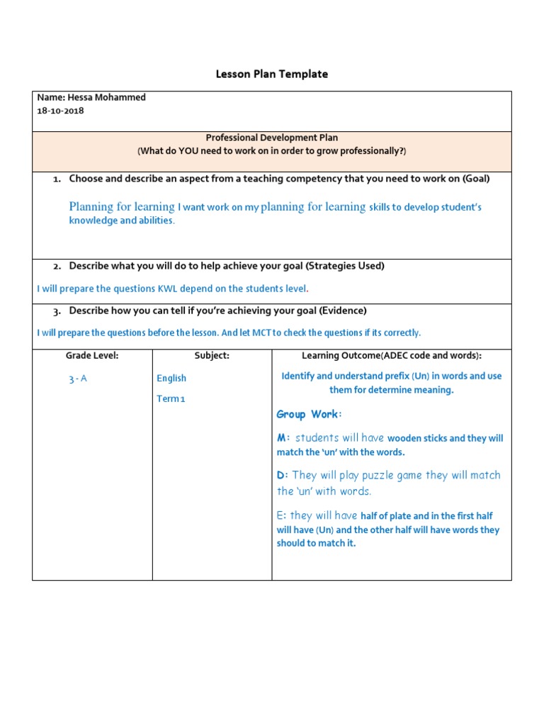 Lesson Plan Prefixes (Un) in Words | PDF | Lesson Plan | Goal
