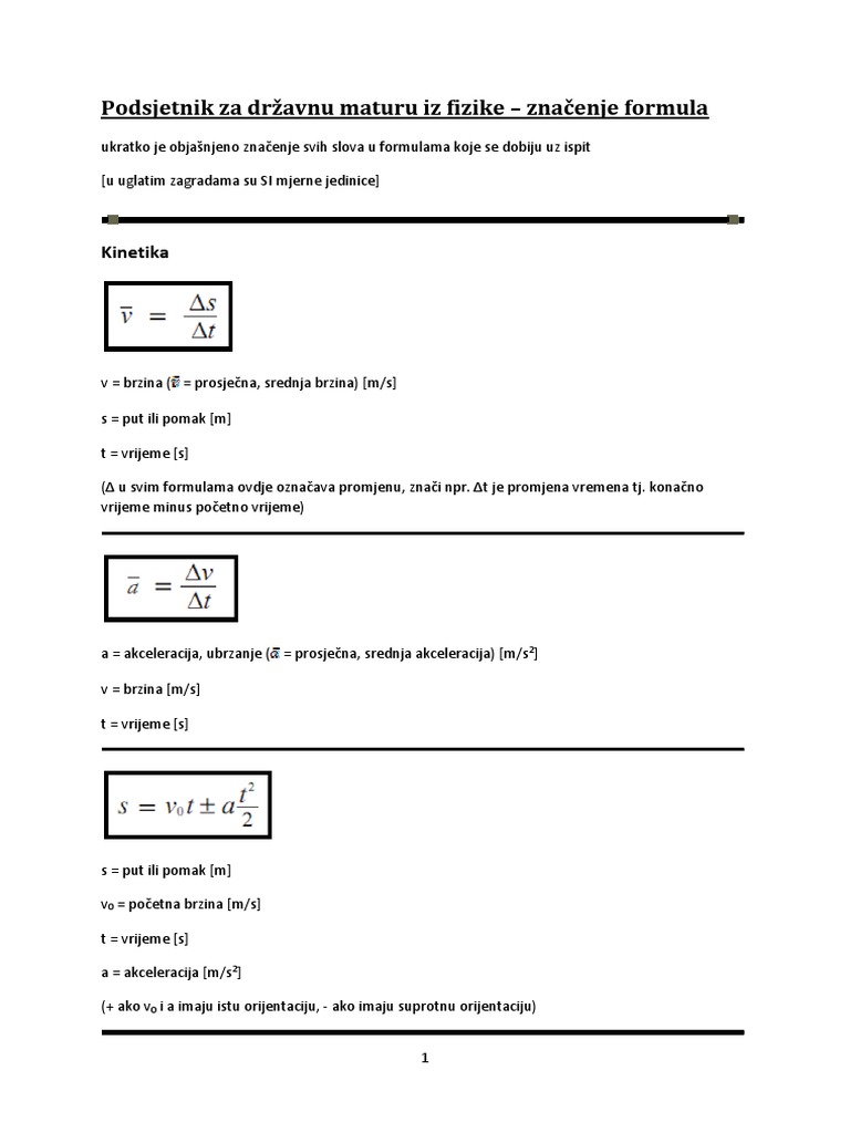 Formule Iz Fizike Sa Objasnjenjima PDF | PDF