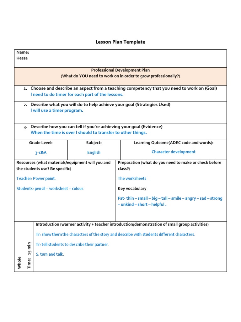 Lesson Plan Writing Character | PDF | Lesson Plan | Applied Psychology