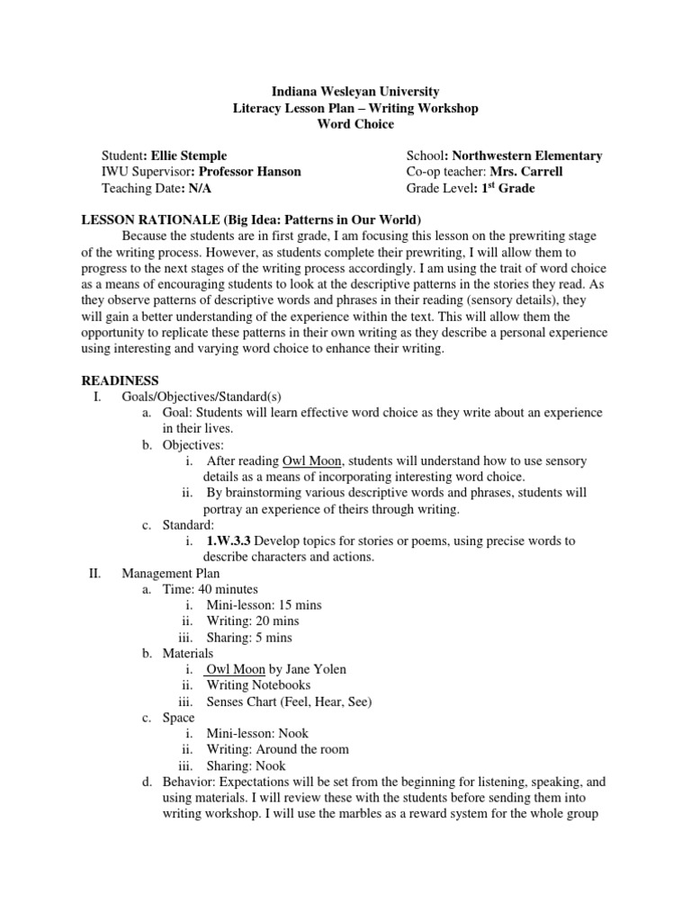 Indiana Wesleyan University Literacy Lesson Plan - Writing Workshop ...