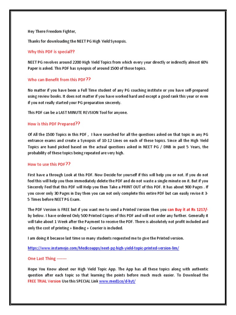NEET PG High Yield Topic Synopsis NEET 2019 PDF Version | PDF