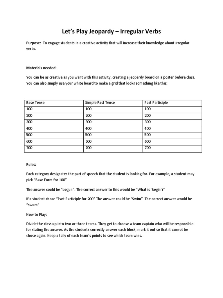 Let's Play Jeopardy - Irregular Verbs | PDF