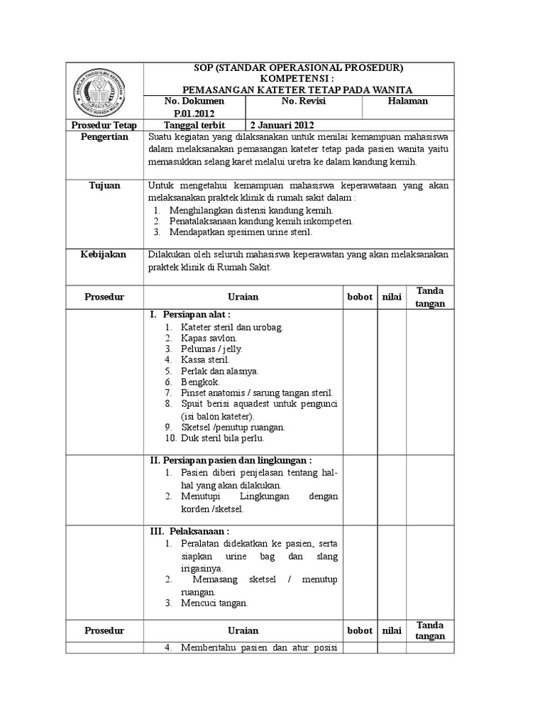 SOP Memasang Kateter Tetap Wanita | PDF