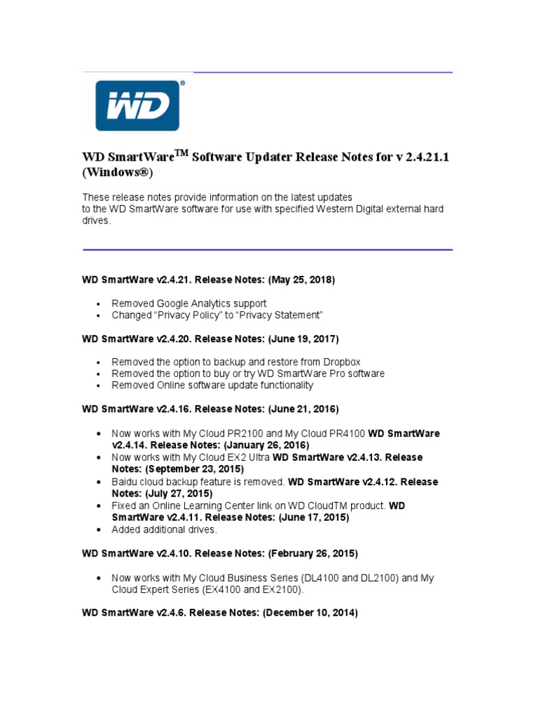 Win WD SmartWare 2.4.21.1 SW Release Notes | PDF | Microsoft Windows ...