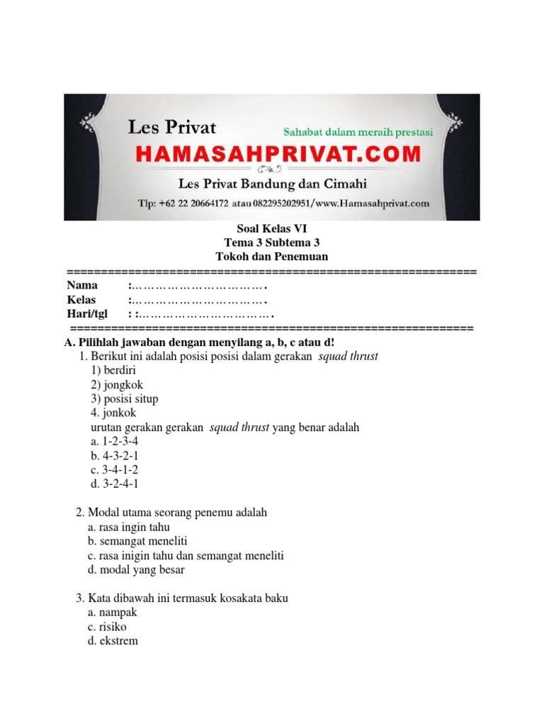 Soal Kelas VI Tema 3 Subtema 3 Tokoh Dan Penemuan | PDF