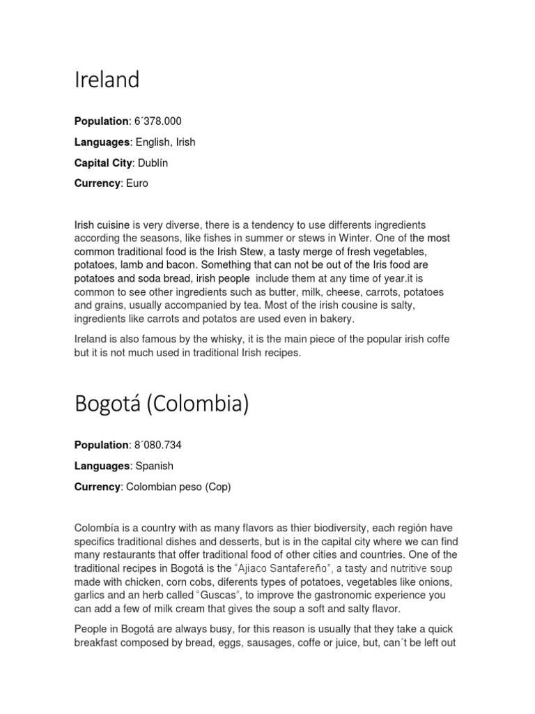 Irish and Colombian Cuisine Overview | PDF | Cooking, Food & Wine