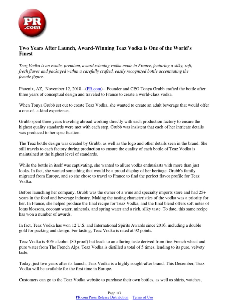 Two Years After Launch, Award-Winning Teaz Vodka Is One of The World's ...