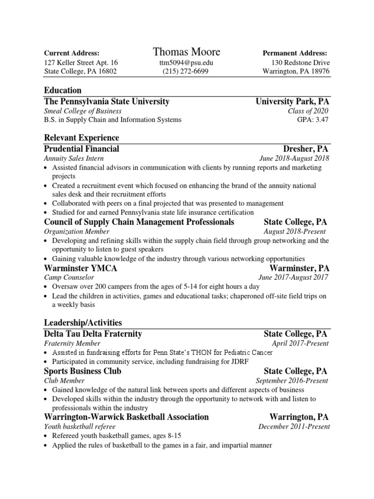 Tommys Resume | PDF | Pennsylvania State University | Business