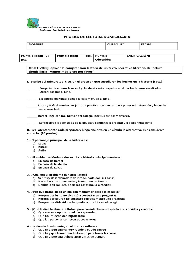 Prueba Libro Vamos Mas Lento Por Favor | PDF | Lectura (proceso)