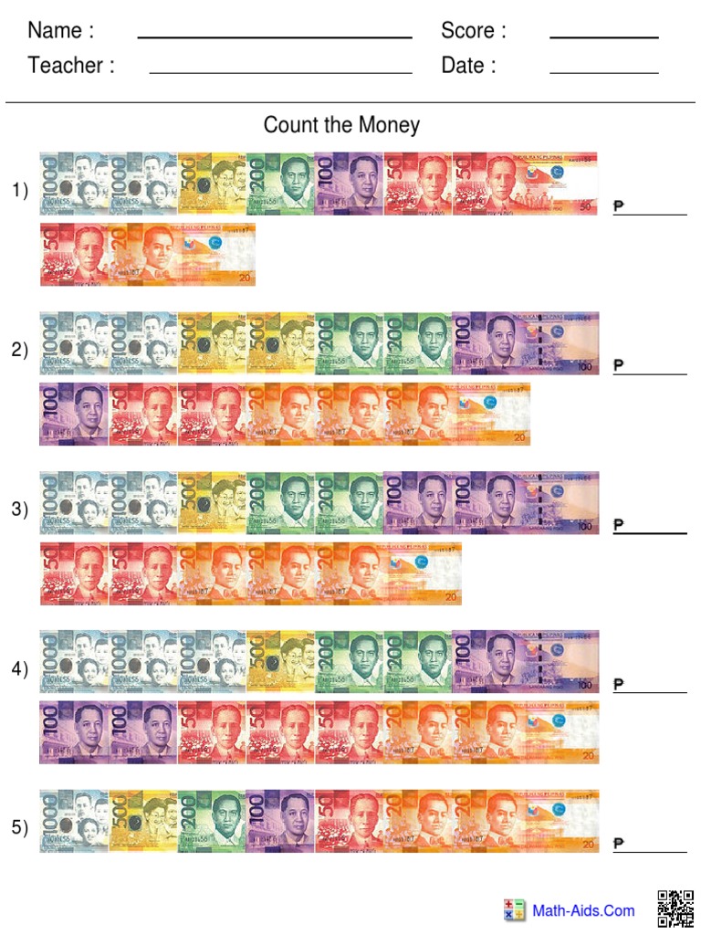 Philippine Money Counting Worksheet | PDF