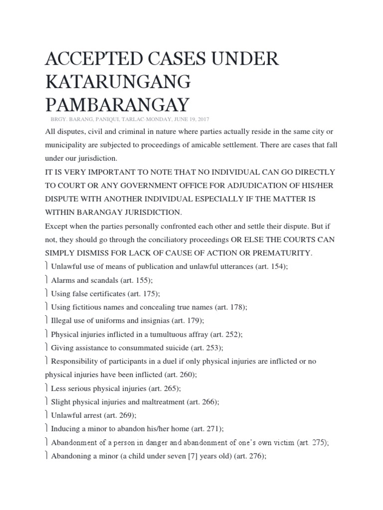 Katarungang Pambarangay Case List | PDF | Jurisdiction | Public Law