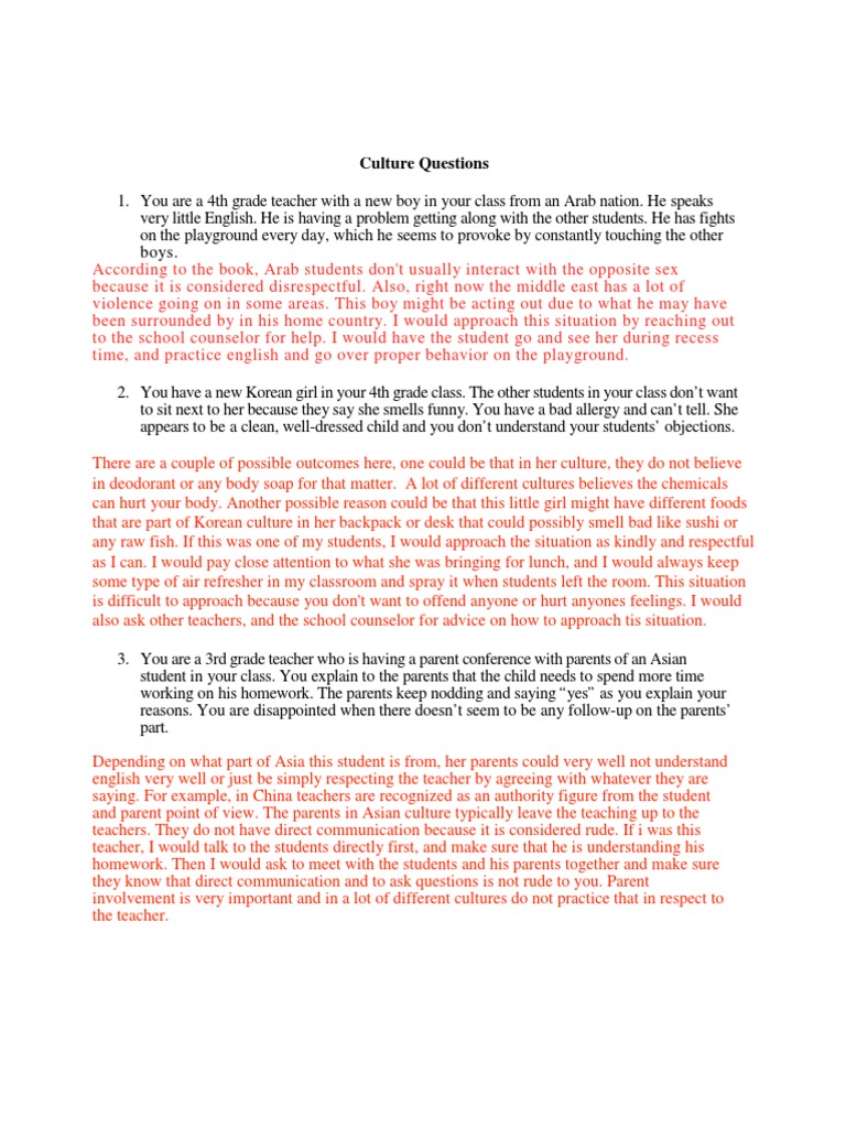 Culture Questions | PDF | English As A Second Or Foreign Language | Schools