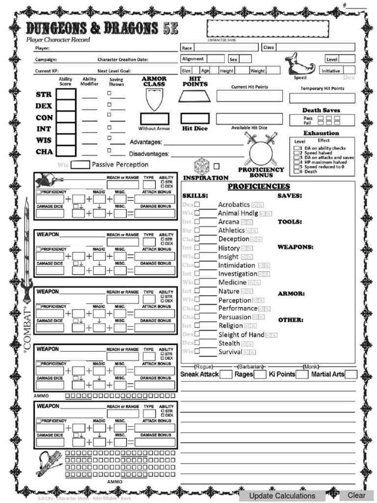 Fillable Character Sheet 5.0 CRs | PDF