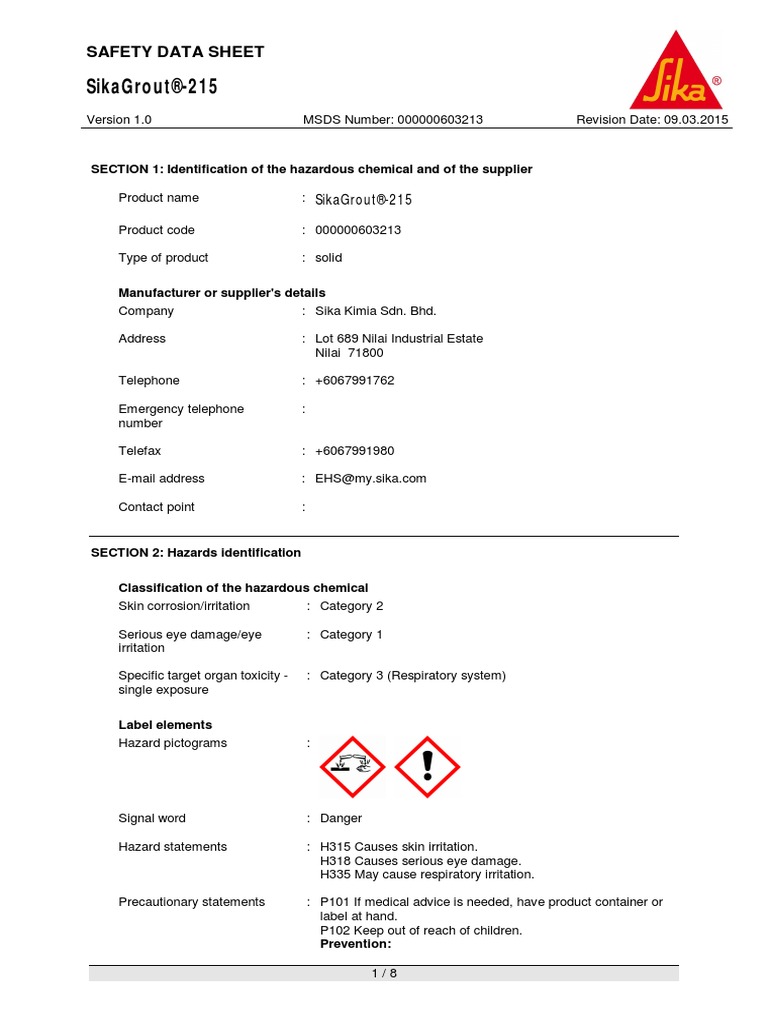 MSDS Sika Grouting | PDF | Dangerous Goods | Personal Protective Equipment