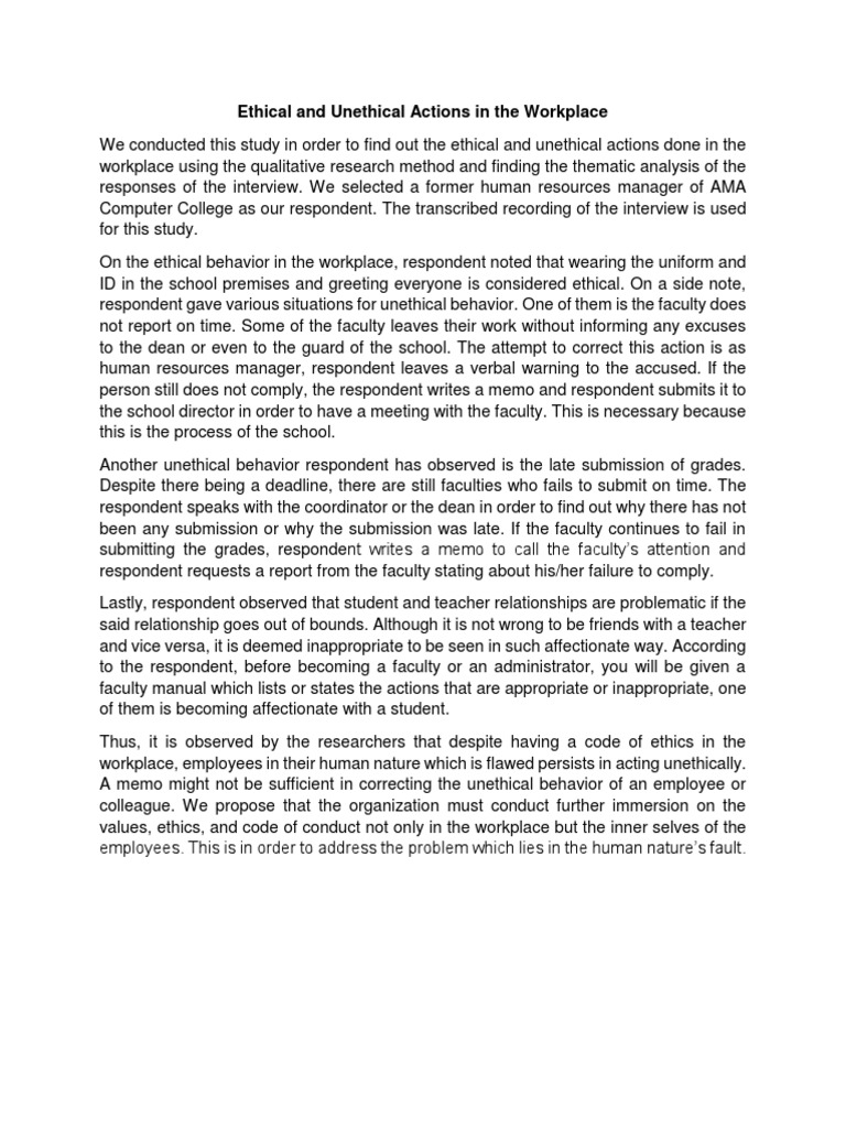 Ethical and Unethical Actions in The Workplace | PDF | Qualitative ...