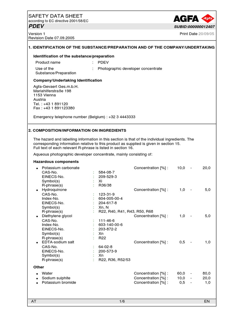 Msds - Agfa Developer | Magnesium | Toxicity