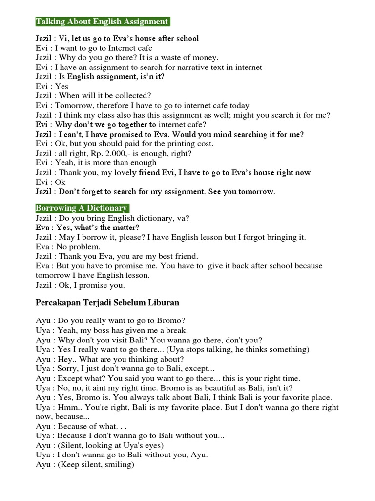 Talking About English Assignment Percakapan Terjadi Sebelum Liburan Pdf