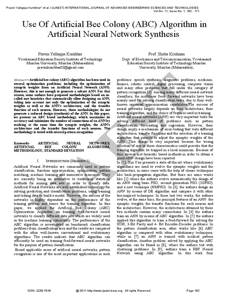 Ijaest: Use of Artificial Bee Colony (ABC) Algorithm in Artificial Neural Network Synthesis ...