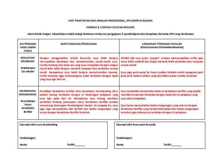 Contoh Catatan Refleksi Pembelajaran | PDF