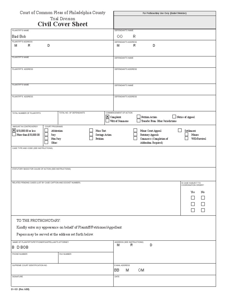 Civil Cover Sheet: Court of Common Pleas of Philadelphia County Trial ...