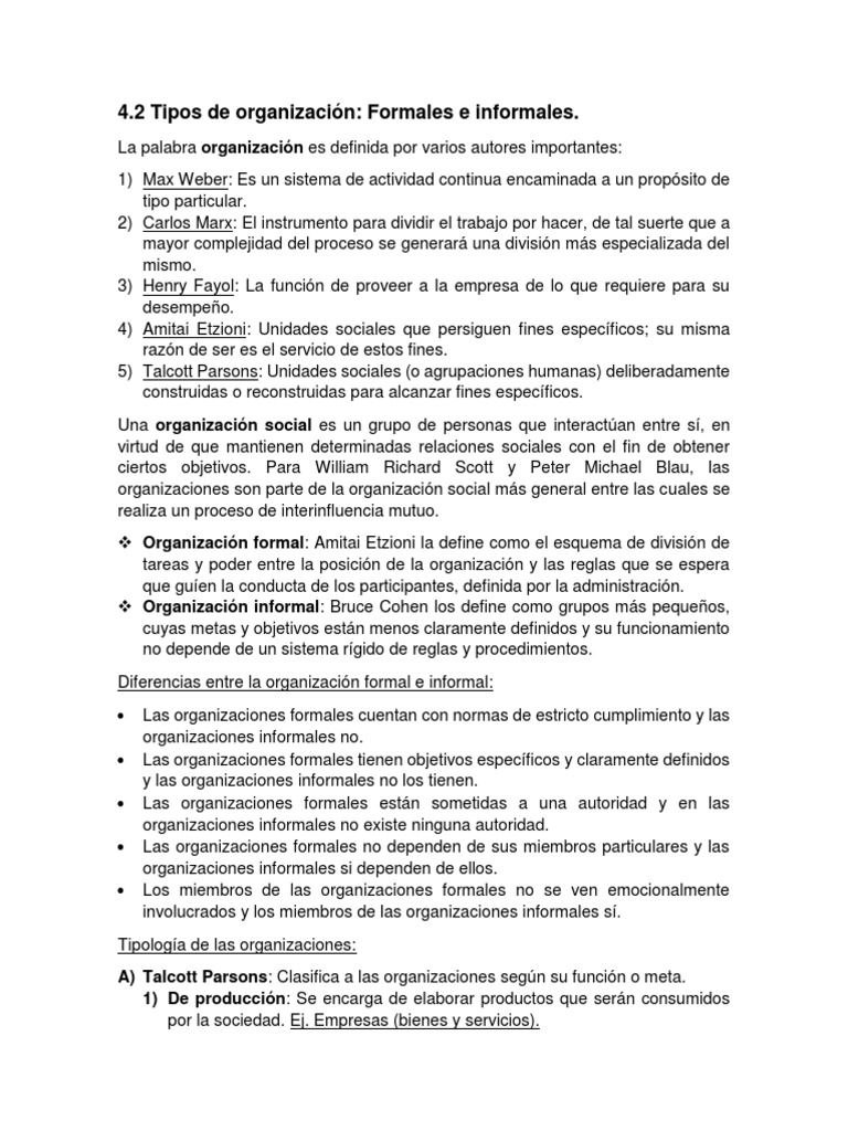 4.2 Tipos de Organización Formales e Informales | Sociedad | Política
