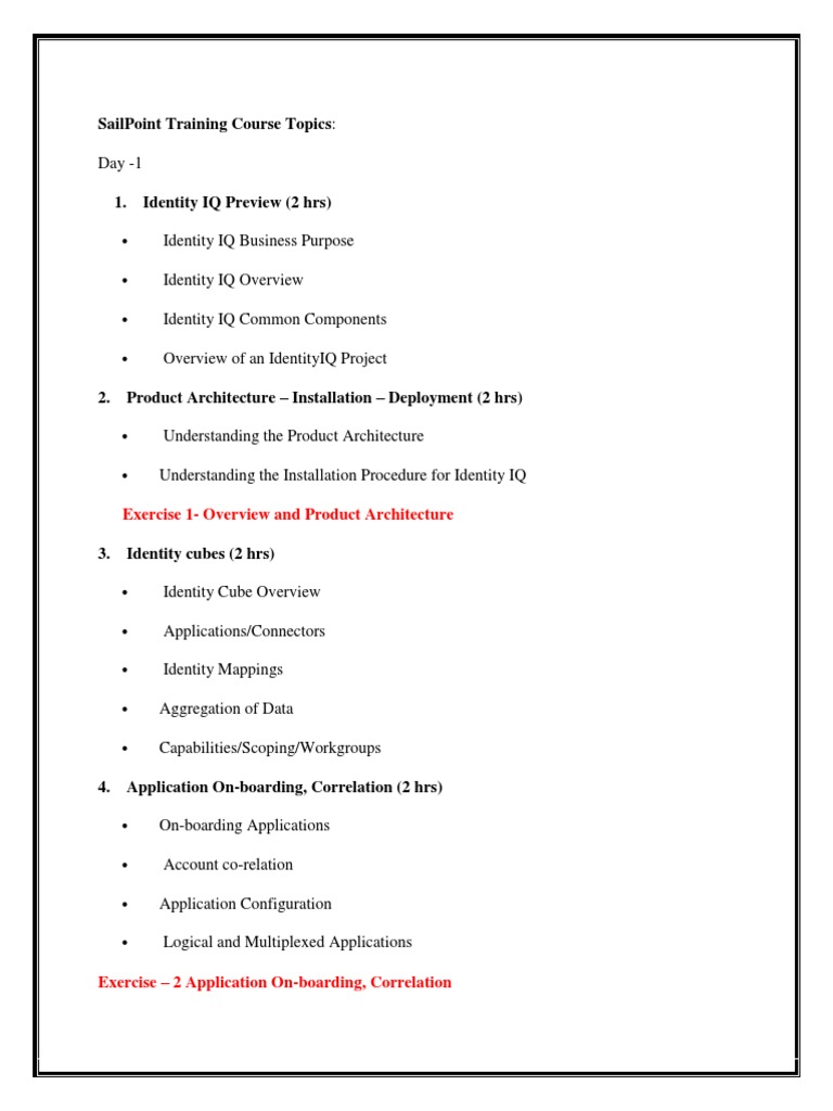 Sailpoint Training Course Topics:: Exercise 1-Overview and Product ...