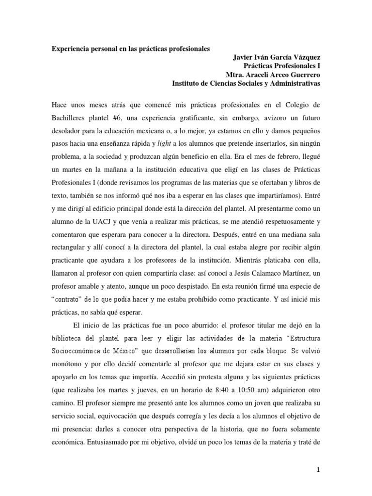 Experiencia personal en las prácticas profesionales | PDF | Maestros ...