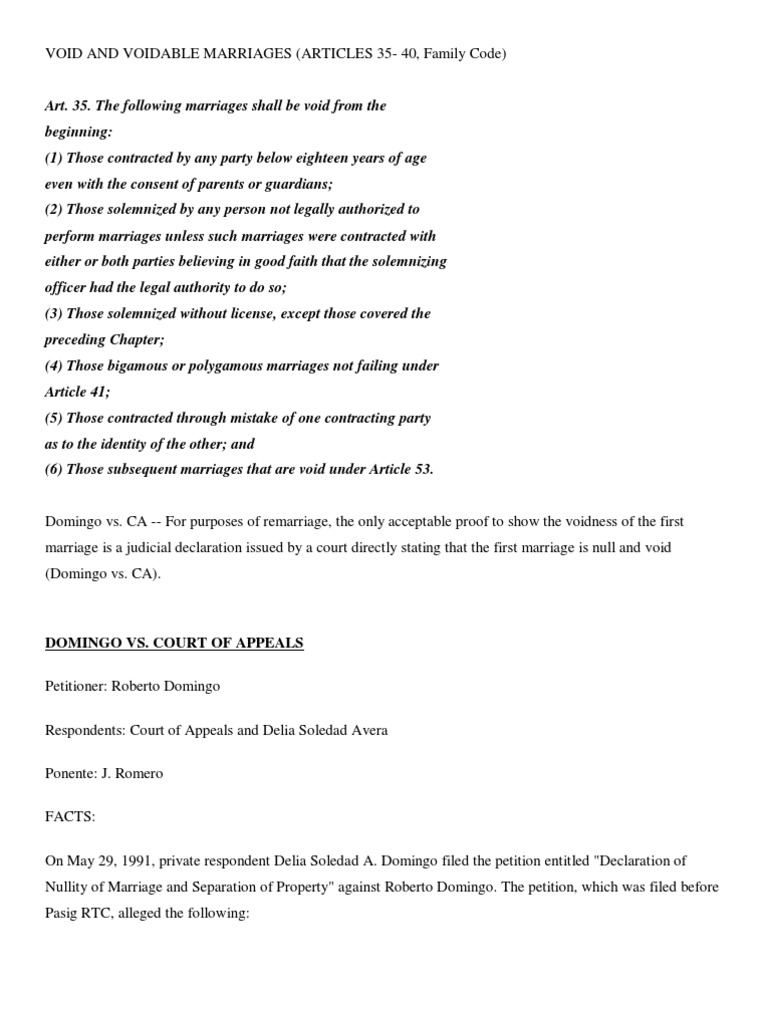 Void and Voidable Marriages (Arts. 35-40, Family) | PDF | Annulment | Marriage