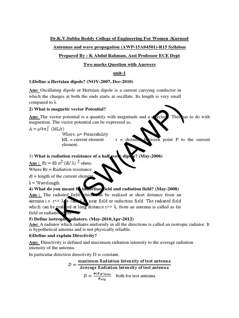 AWP (2 Marks Question and Answers-Converted-Watermark | PDF | Antenna ...