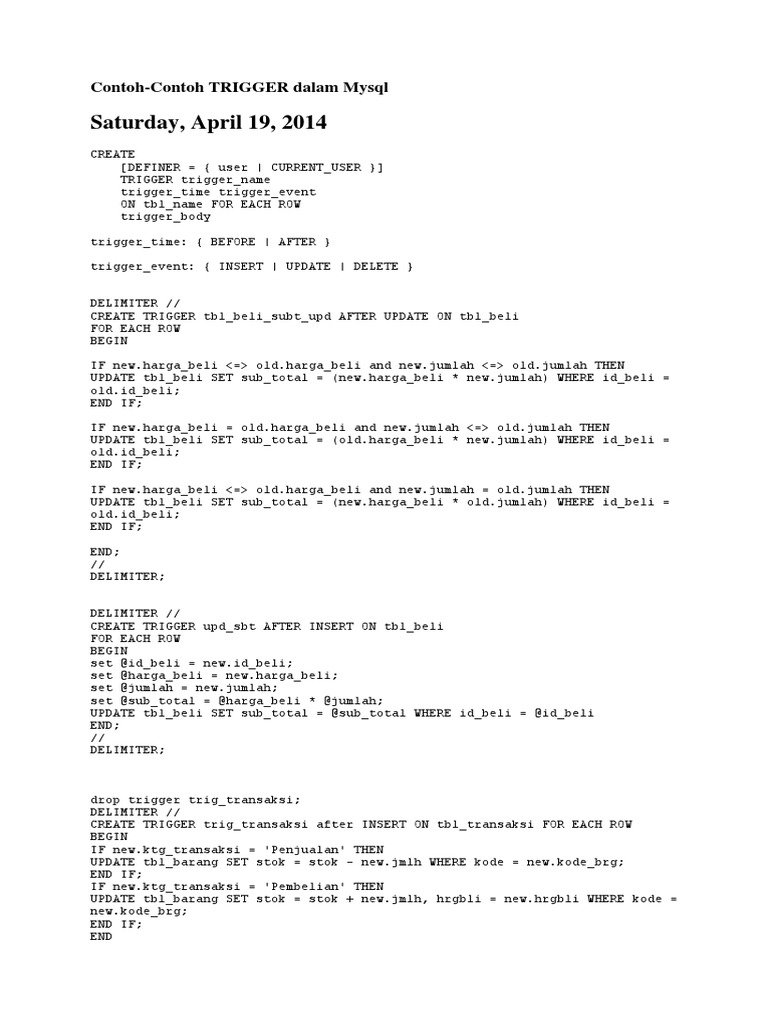 Saturday, April 19, 2014: Contoh-Contoh TRIGGER Dalam Mysql | PDF ...