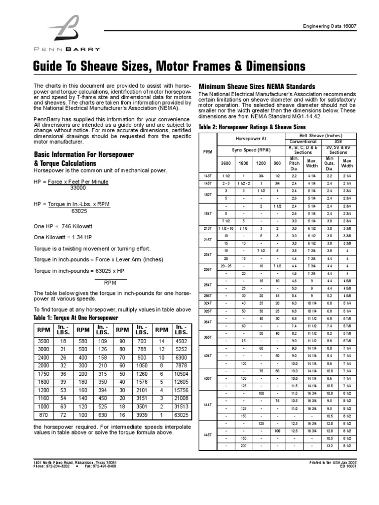 NEMA Motor Dimensions and Ratings Guide | PDF | Horsepower | Torque