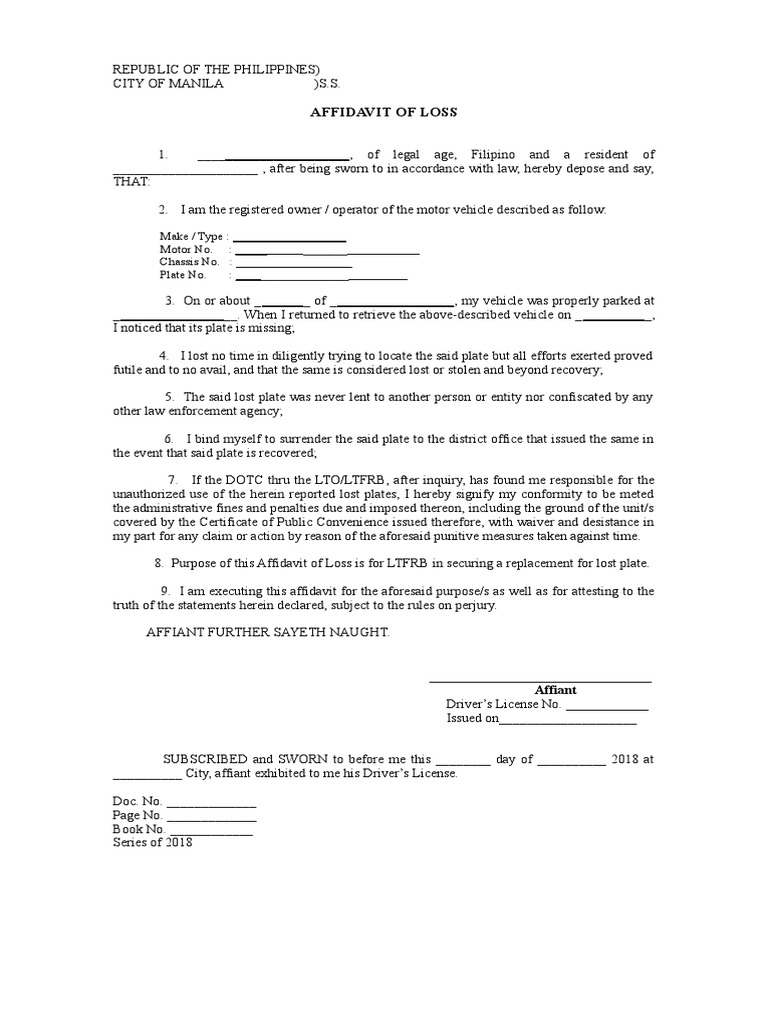 JEFF Affidavit-of-Loss-Plate | PDF | Affidavit | Social Institutions