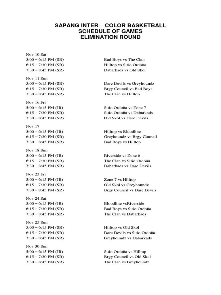 Sapang Inter - Color Basketball Schedule of Games Elimination Round ...