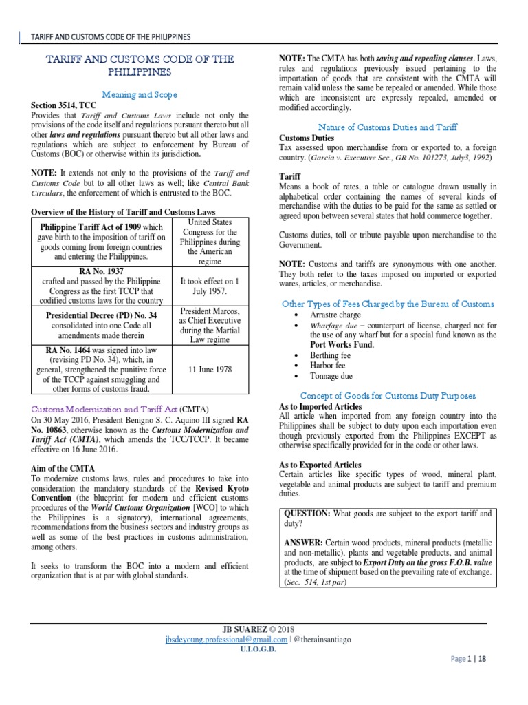Taxation 1 Notes TCCP CMTA PDF | PDF | Dumping (Pricing Policy) | Tariff
